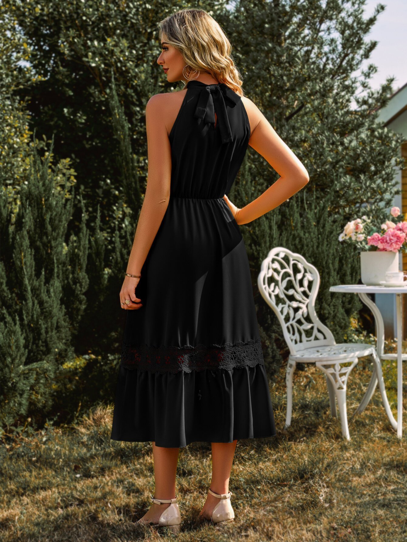 Summer Pure Color Sleeveless Neck Hanging Lace Dress Manufacturer